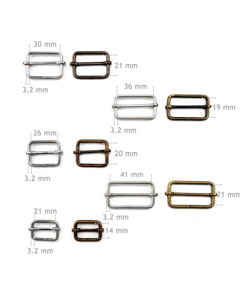 Metal sliding bar adjuster buckles - 1" (26mm), 1 1/4" (30mm), 1 1/2 ...